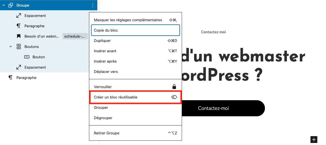 WordPress : Gutenberg - blocs réutilisables - Votre Webmaster Freelance par Mickaël MAURY EI
